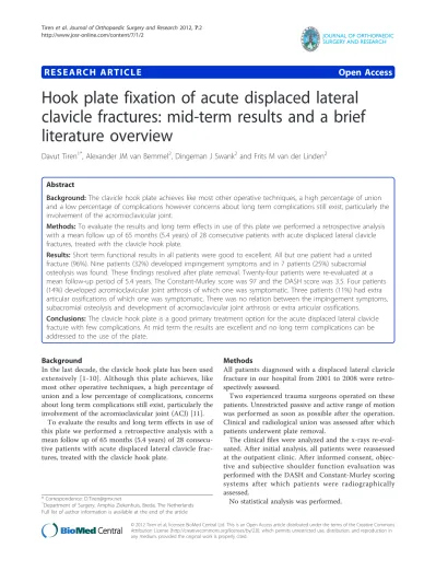 Top PDF Posterior Positioning of a Clavicle Hook Plate Is a Risk Factor ...